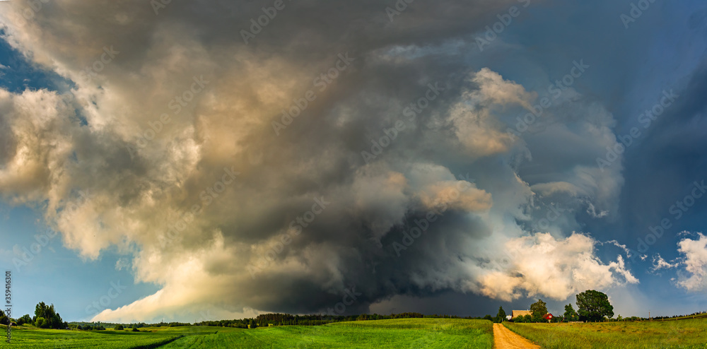 Severe supercell storm clouds with wall cloud and intense rain Stock ...