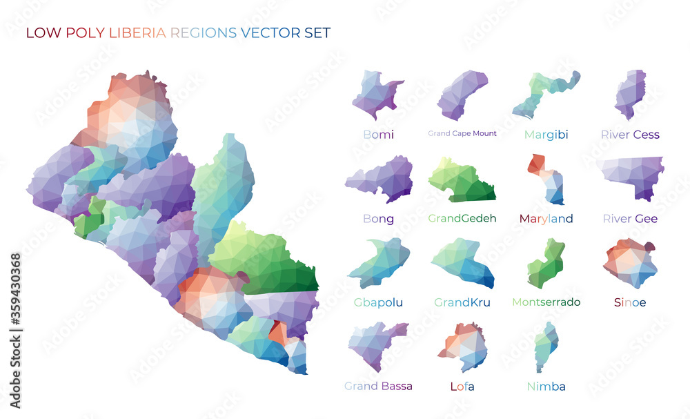 Liberian low poly regions. Polygonal map of Liberia with regions ...
