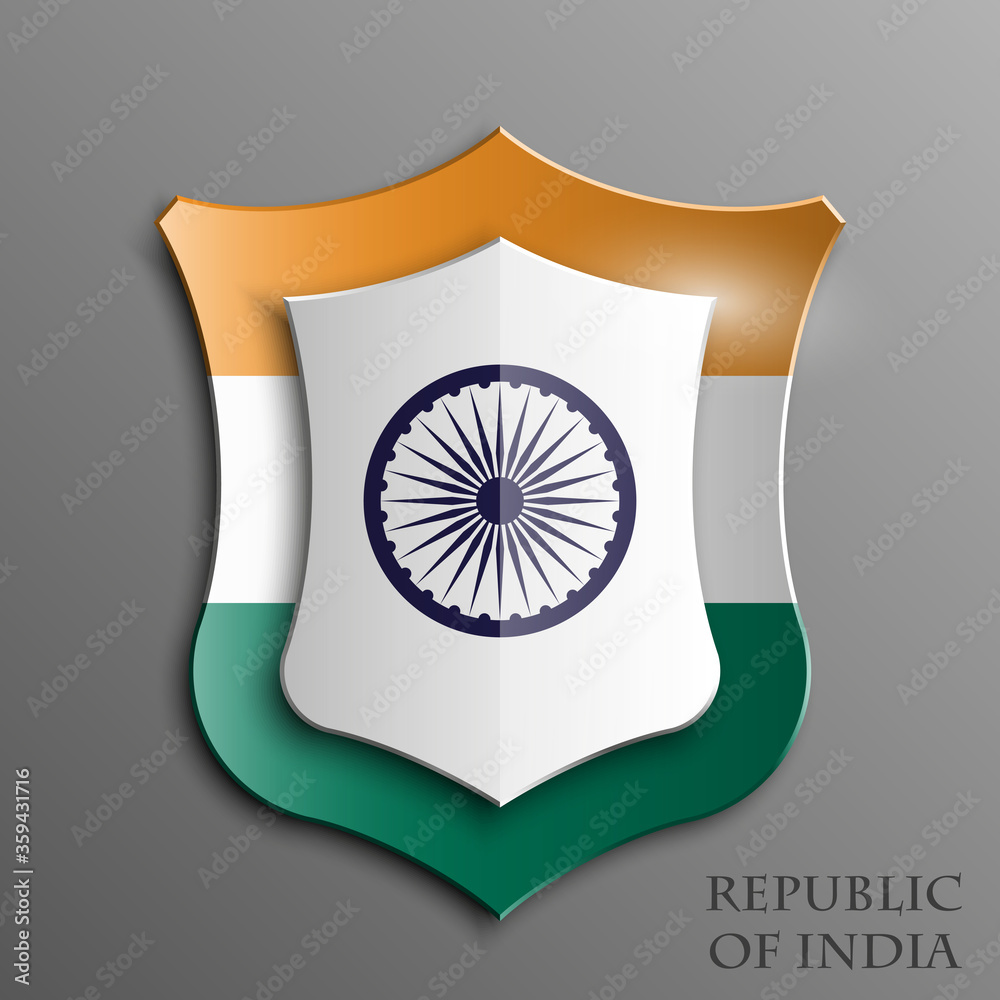 Republic of India Flag on a Shiny Shield, Illustration isolate on Grey ...