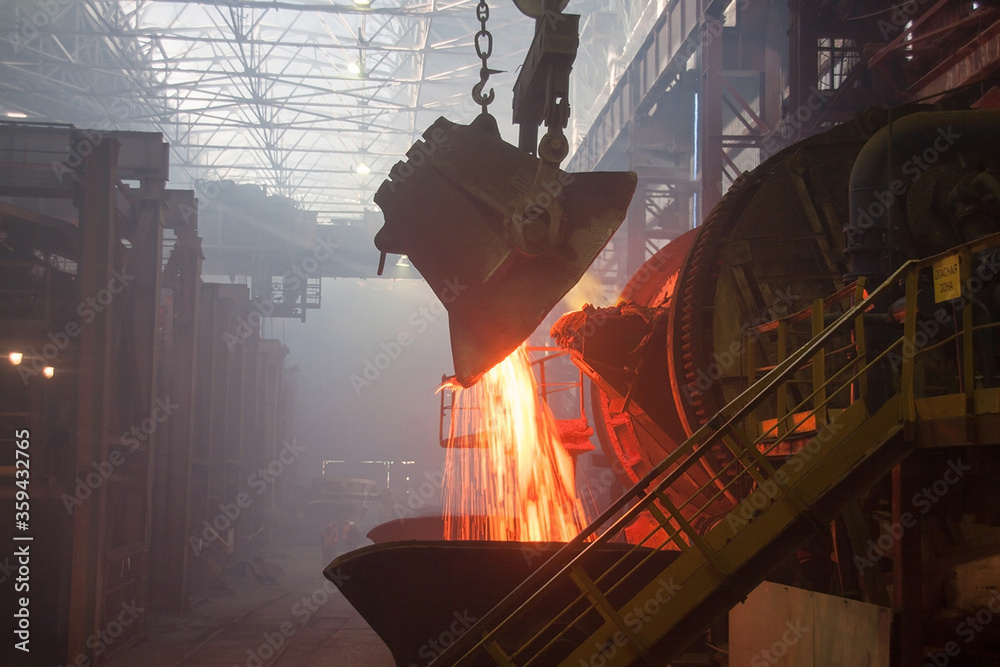 General view of the discharge of slag in the smelter at a metallurgical ...