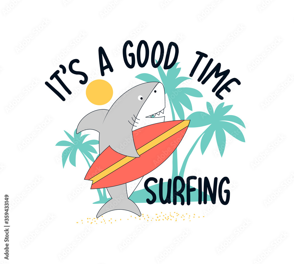 Hand drawing shark print design with slogan. Vector illustration design ...