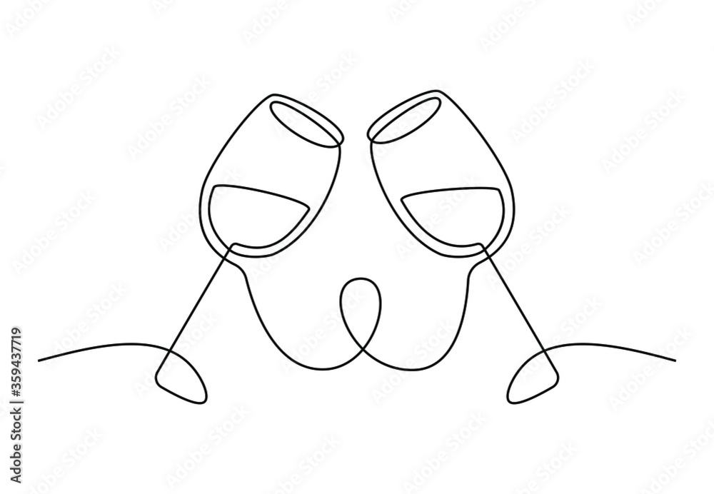 Two Glasses Of Wine Continuous One Line Drawing Minimalist Line Art Of