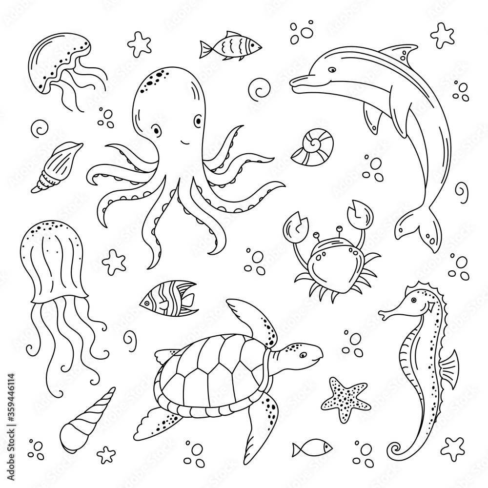 Doodle cartoon set sea life. Black vector illustration of seahorse ...