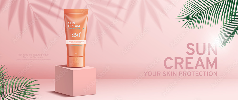 Sunscreen cream banner ads on square stage with tropical leaves Stock ...