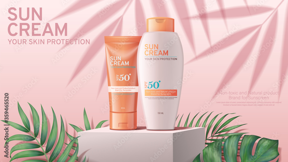 Sunscreen cream ads on square stage with tropical plants Stock Vector ...