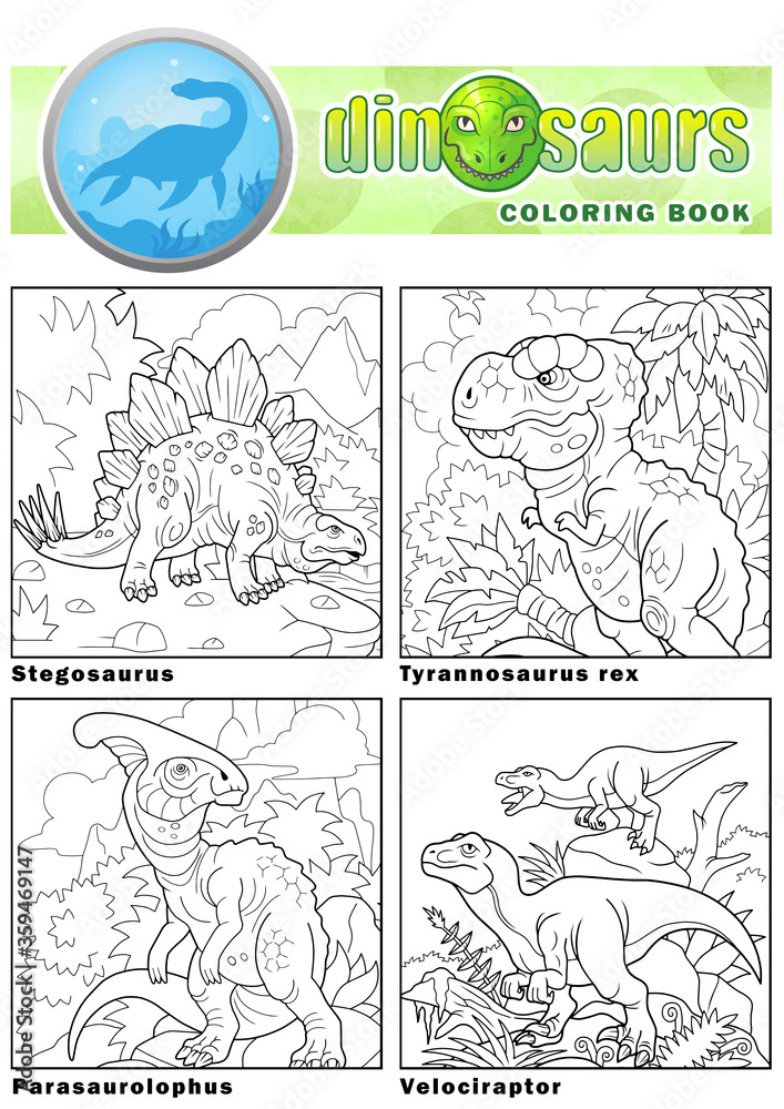 prehistoric dinosaurs coloring book, image set Stock Illustration ...