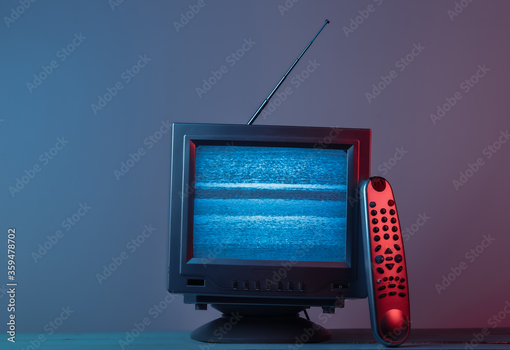 Mini Retro tv antenna receiver. Old fashioned TV set with remote. Red ...