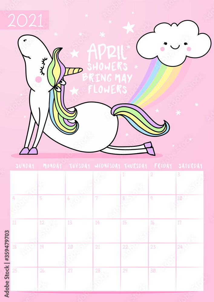 2021 april calendar with calligraphy phrase and unicorn doodle: APRIL ...