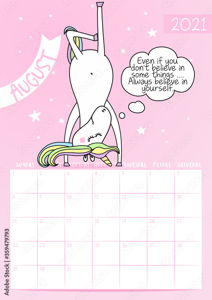 2021 August calendar with calligraphy phrase and unicorn doodle: "Even ...