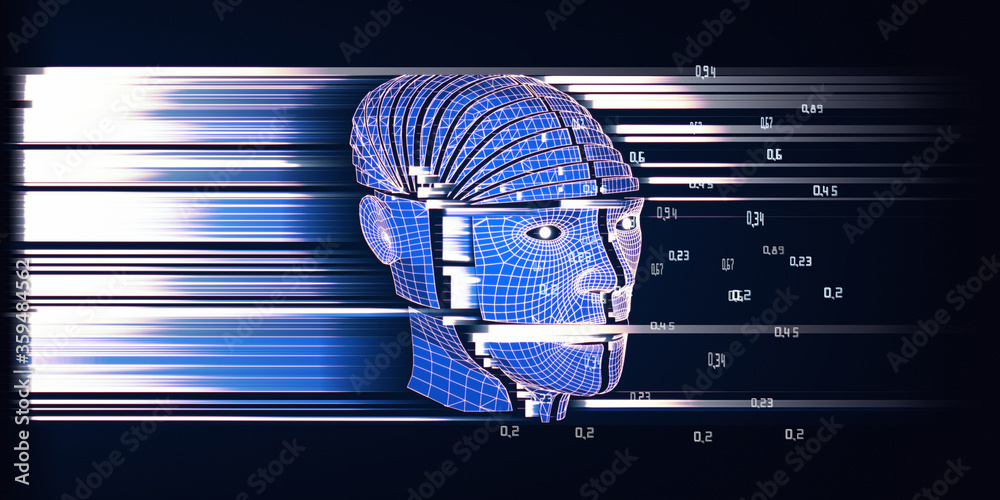 3D illustration of abstract background with wireframe human head cyborg ...