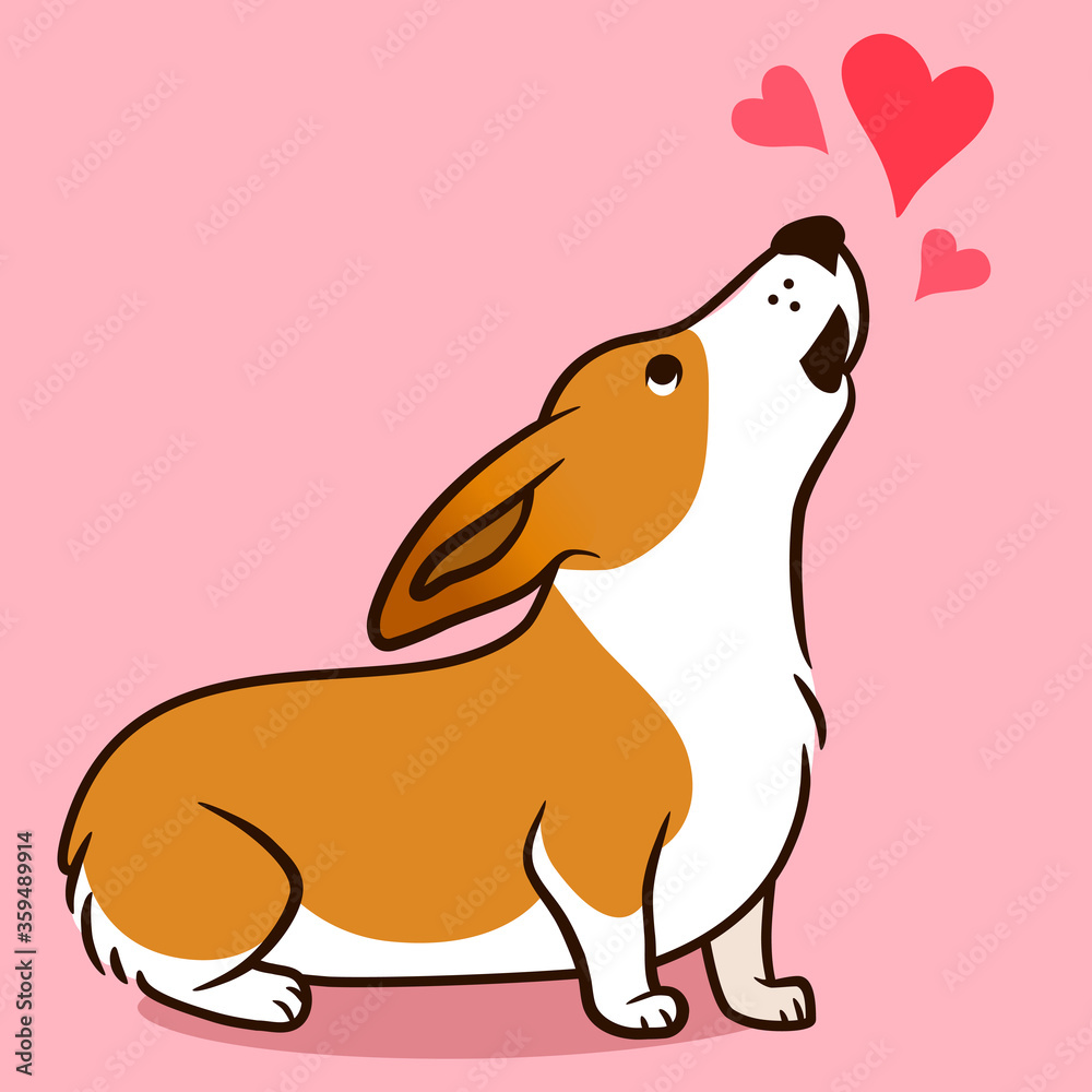 Cute howling welsh corgi dog with hearts on pink background vector ...