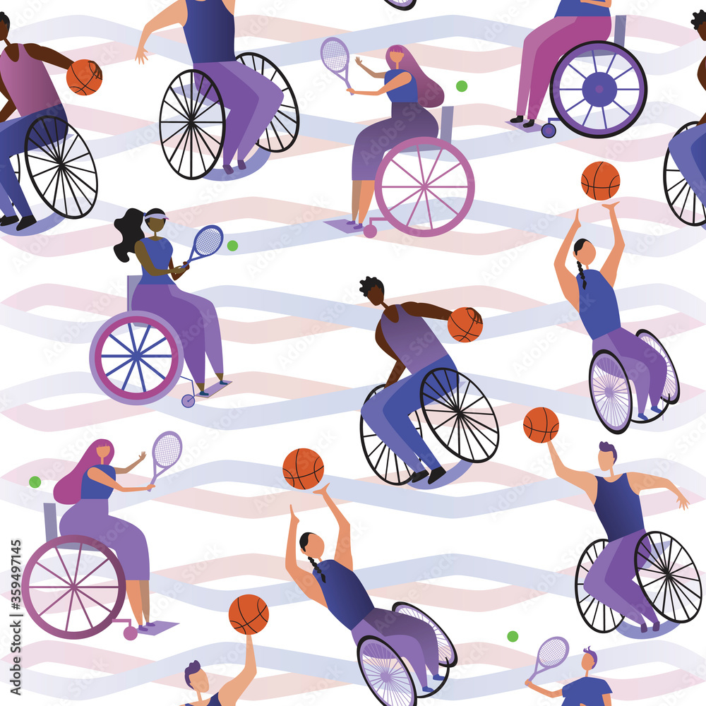 Seamless pattern with disabled people in wheelchairs as basketball and ...