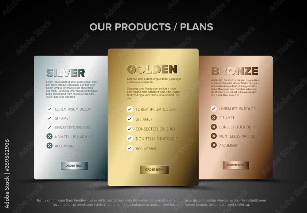 Golden, Silver and Bronze Subscription Plan Layouts Stock Template ...