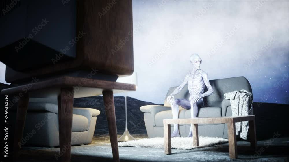 funny alien watching TV on the sofa on the moon. Living on the moon ...