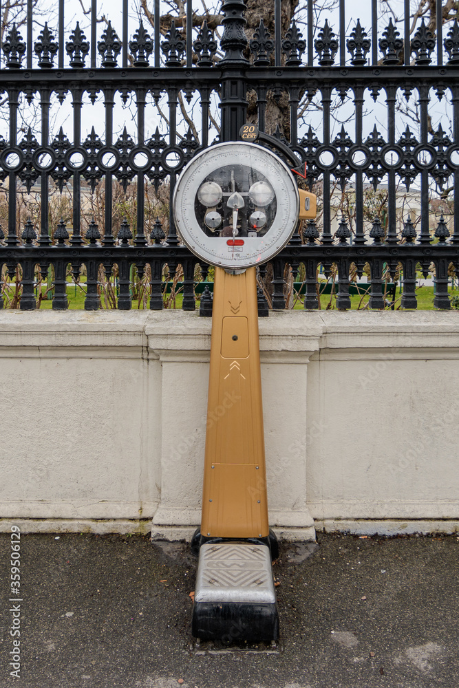 Vintage public street scale, from the 19th century, on display in the ...