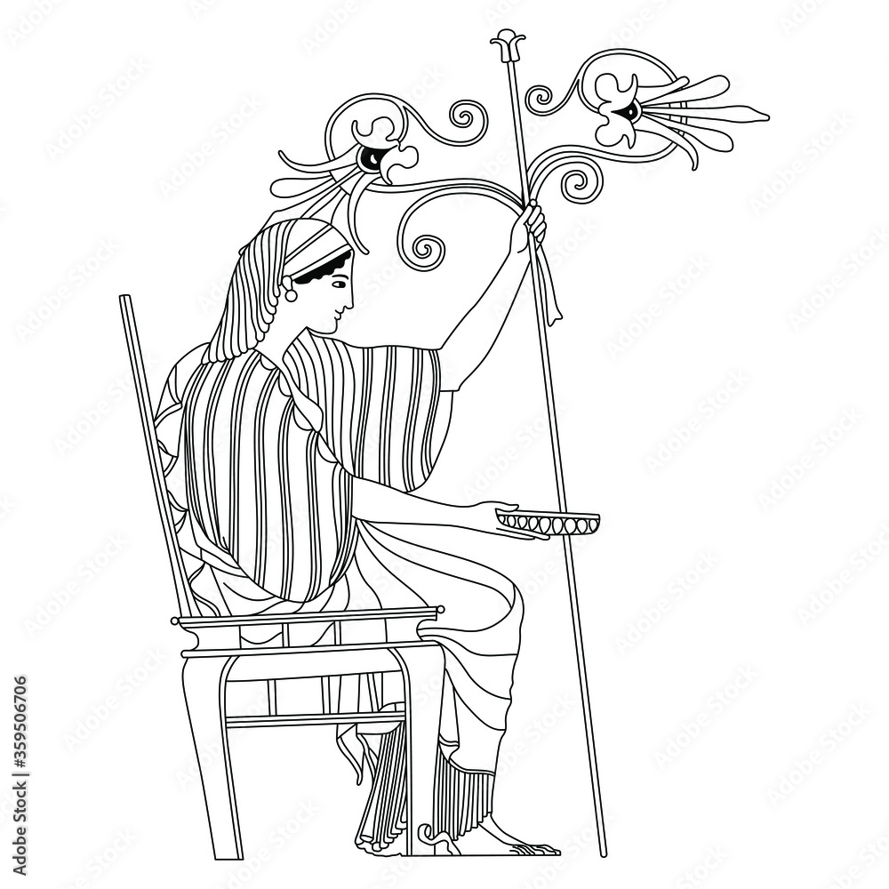 Ancient Greek goddess or woman sitting on throne and holding flower ...