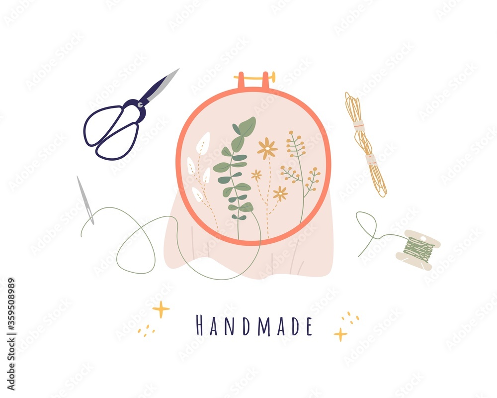 Various embroidery tools. Embroidery hoop, scissors, threads, needle ...