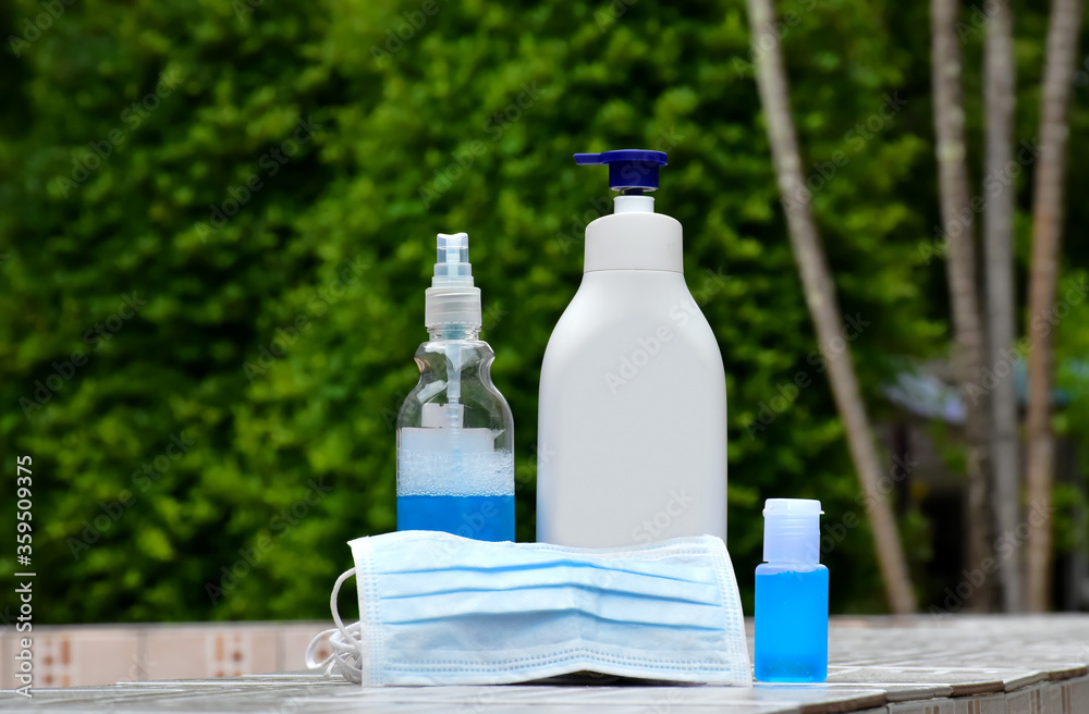 New normal, Hand soap, facemask and alcohol gel or hand sanitizer for ...
