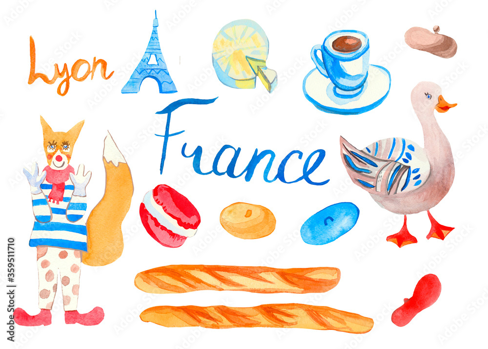 Big watercolor set of French elements with lettering.Cute clip art ...