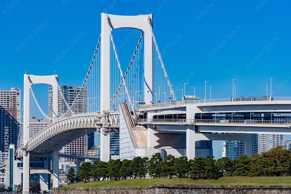 Japan. Sights of the Japanese capital. Rainbow bridge in Tokyo. Rainbow ...