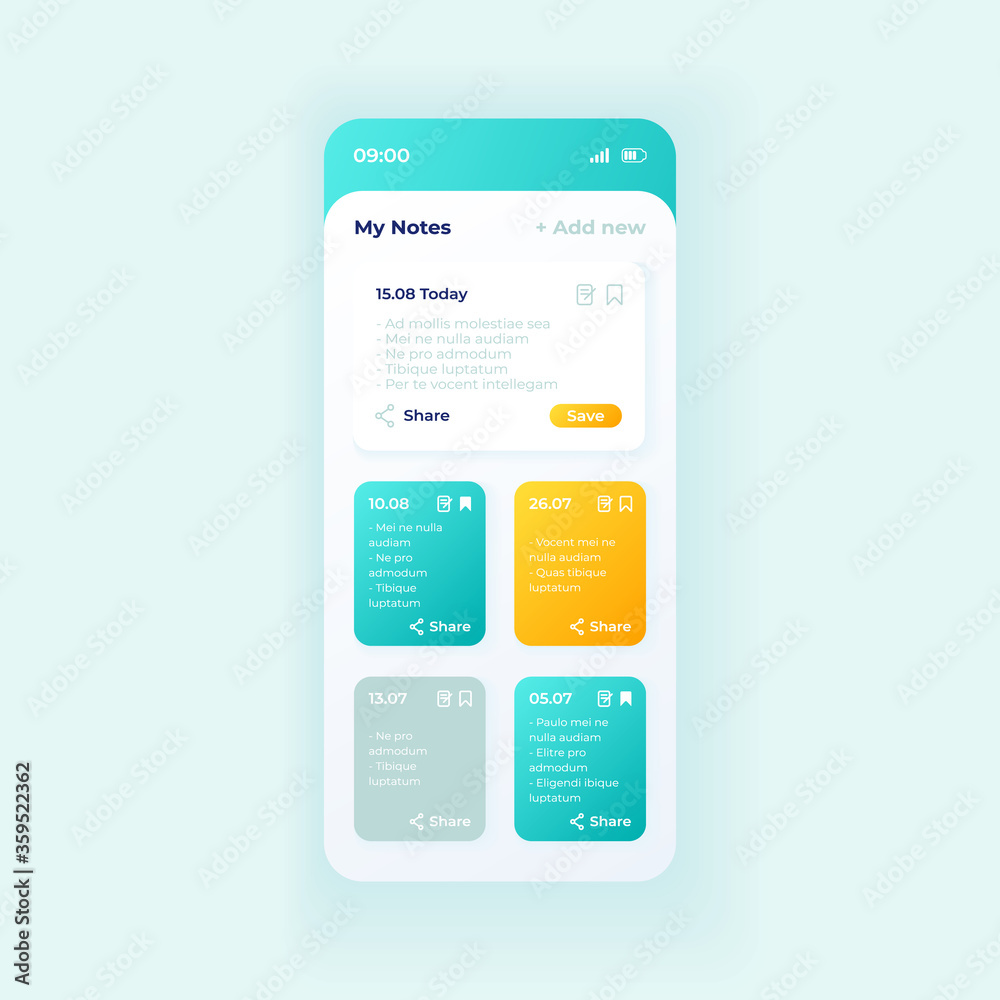 Stocker notes app smartphone interface vector template. Mobile app page ...