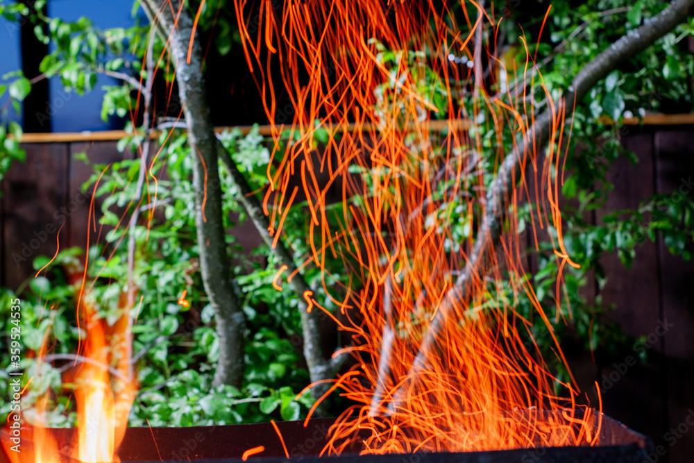 the flame of a fire from a campfire in nature. sparks in the night ...