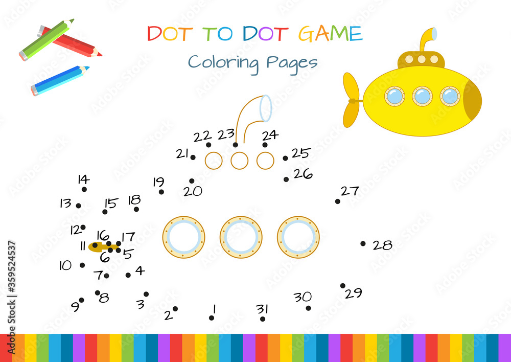 Vetor de Drawing for coloring: Submarine. Numbers game, education dot ...