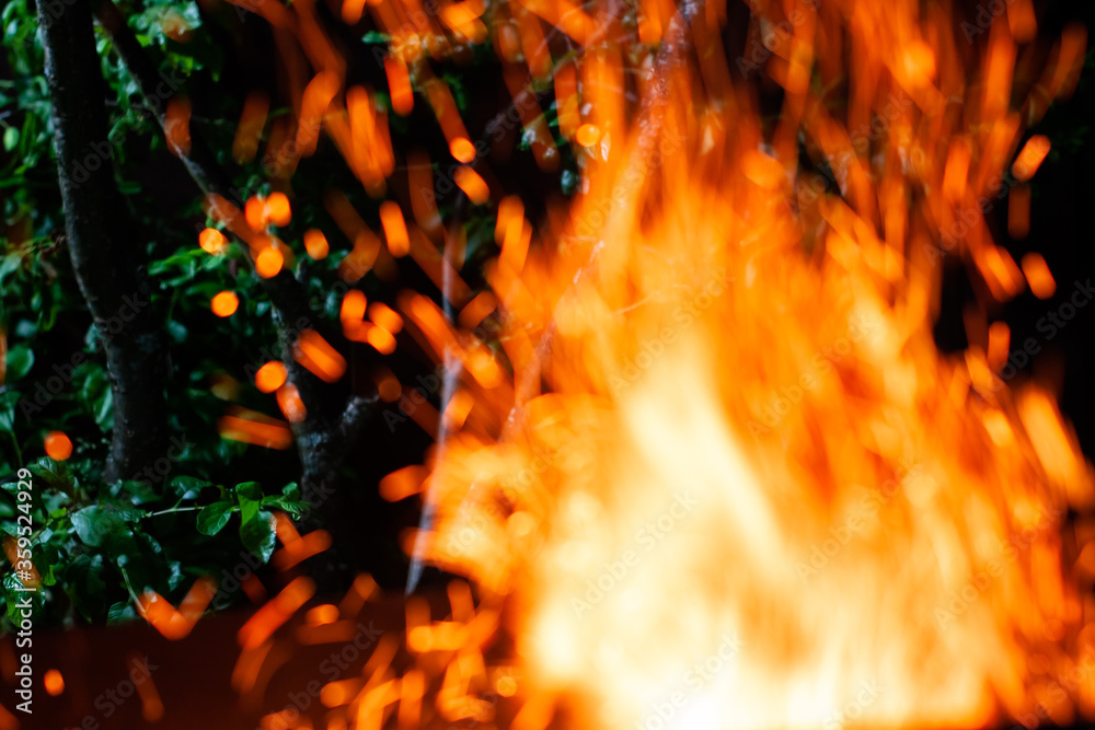 the flame of a fire from a campfire in nature. sparks in the night ...