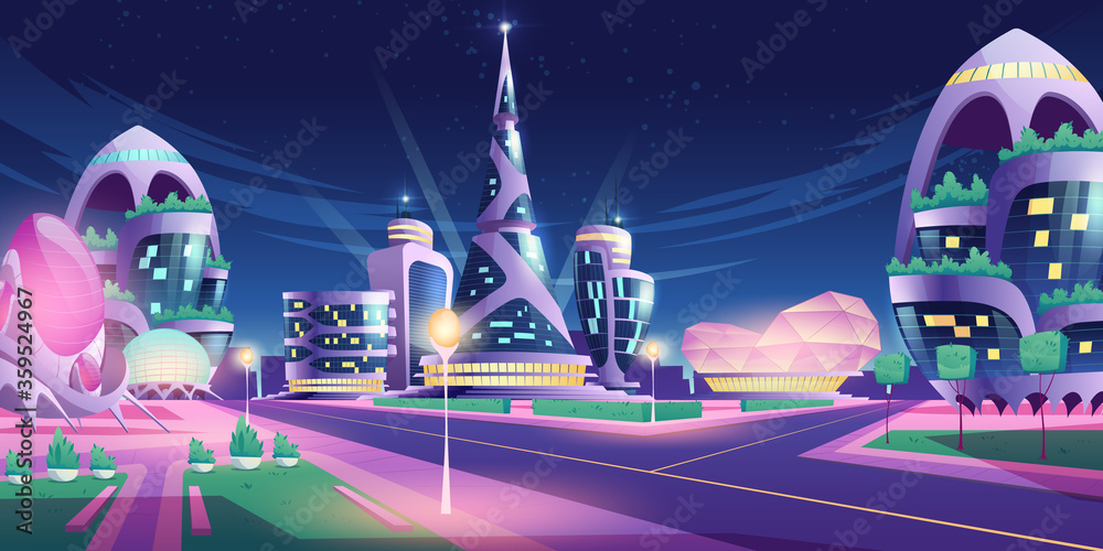 Future city, night town with skyscrapers and futuristic buildings with ...