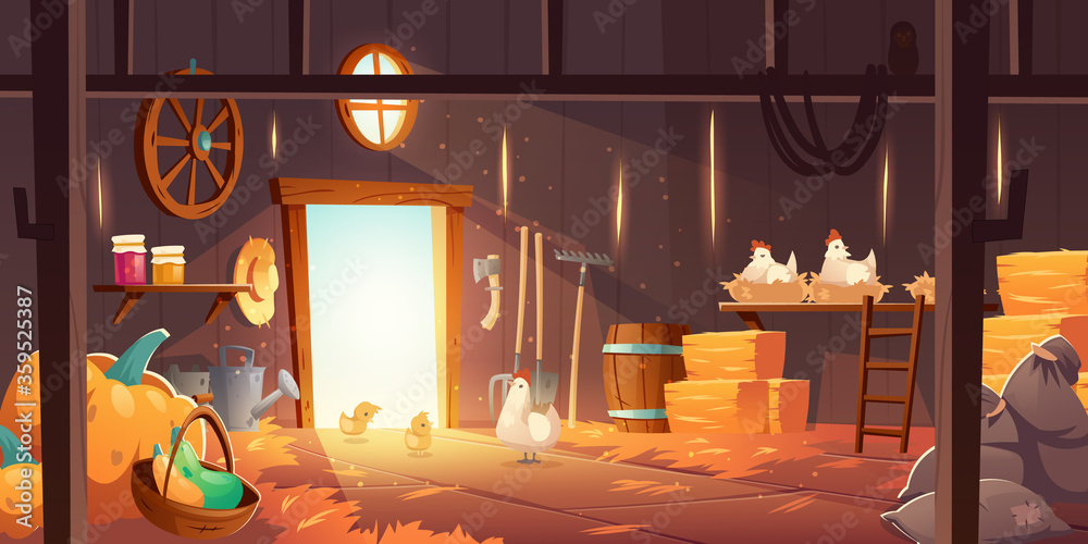 Barn on farm with chickens, straw and hay. Vector cartoon interior of ...