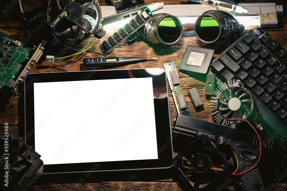 Cyberpunk abstract background. Various computer parts, blank screen ...