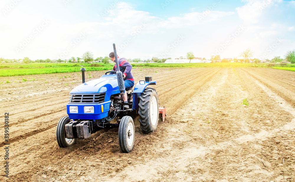 Farmer drives a tractor on a farm field. Agricultural industry ...