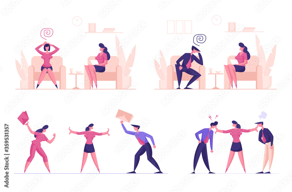 Set of Male and Female Characters Visiting Psychologist for Solving ...