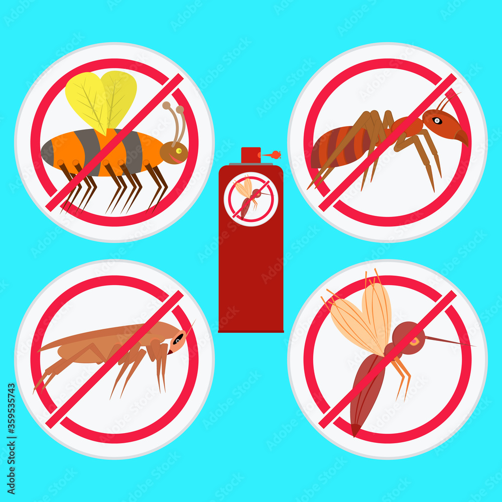 Prohibition signs with insects. Repellent spray insect in a bottle ...
