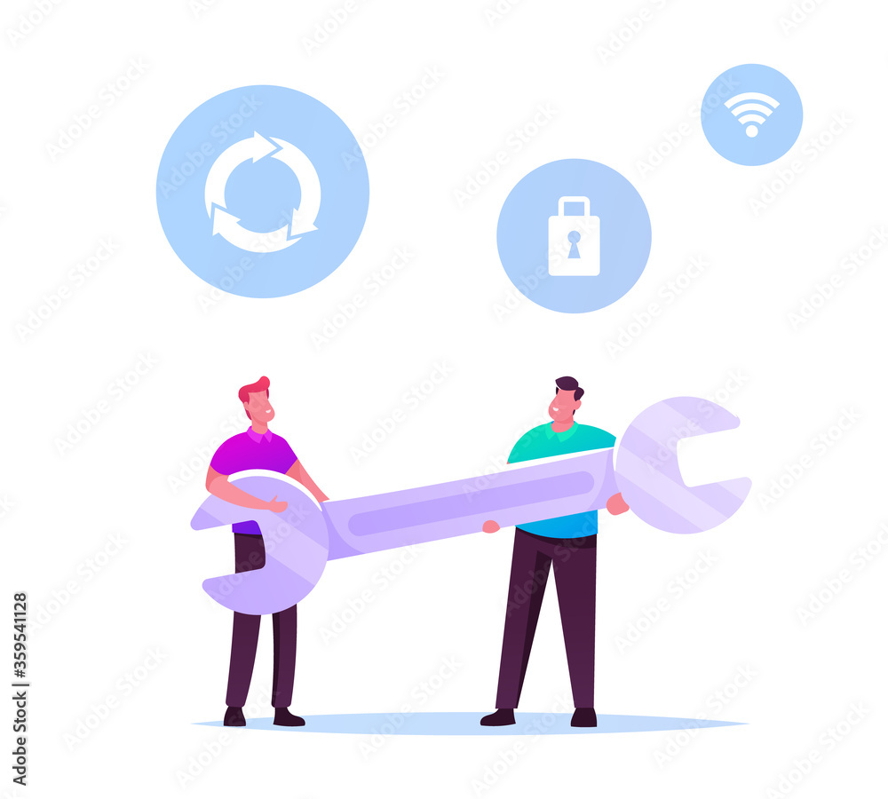 Tiny Male Characters Hold Huge Wrench. Men with Spanner Repair ...