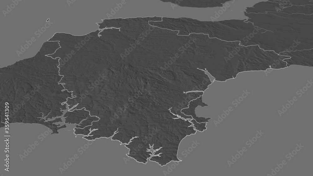Devon, administrative county with its capital, zoomed and extruded on ...