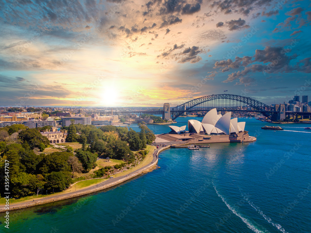 Amazing aerial sunset view of the Sydney from above with Harbour bridge ...
