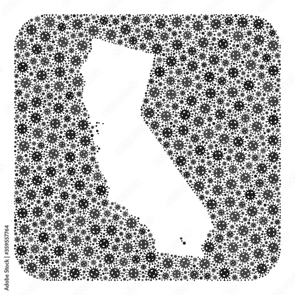 Pandemic virus map of California mosaic designed with rounded square ...