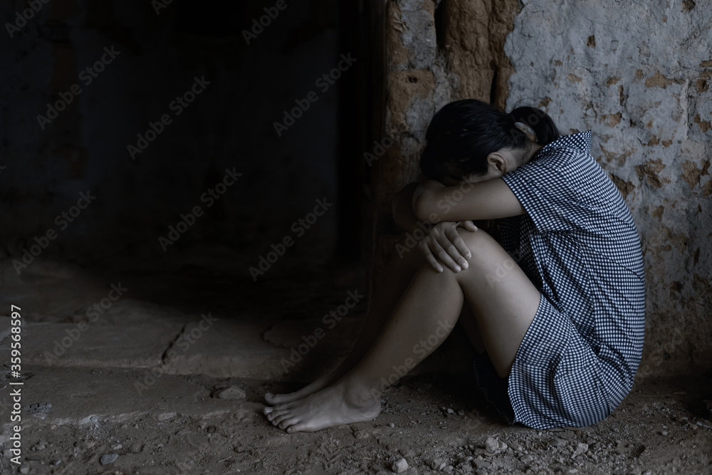 Human trafficking concept.Young girl sitting in old room.teenager girl ...