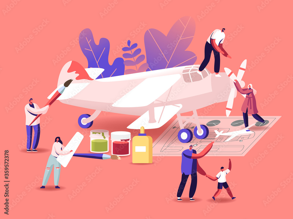 Aircraft Modeling Concept. Tiny Male and Female Characters Assembling ...
