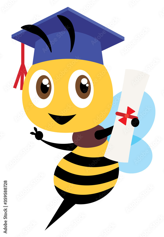 Cartoon cute happy bee mascot wears graduation cap and holding a ...