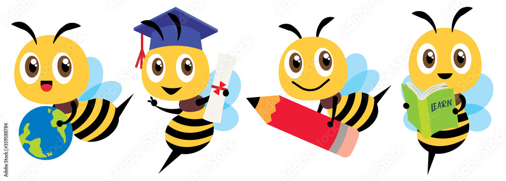 Bee Back to school set. Cartoon cute bee education mascot set. Cartoon ...