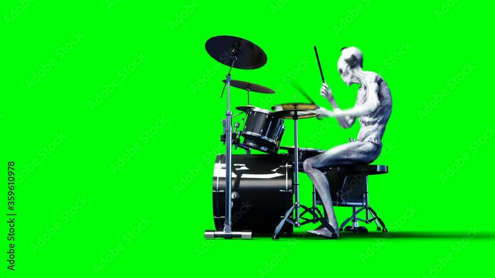 Funny alien plays on drums. Realistic motion and skin shaders. 4K green ...