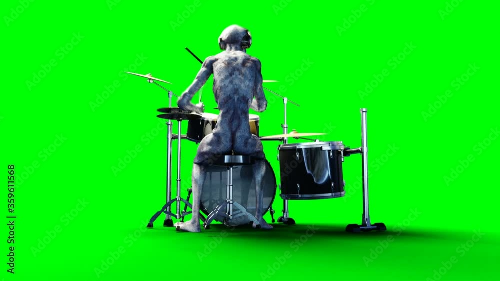 Funny alien plays on drums. Realistic motion and skin shaders. 4K green ...