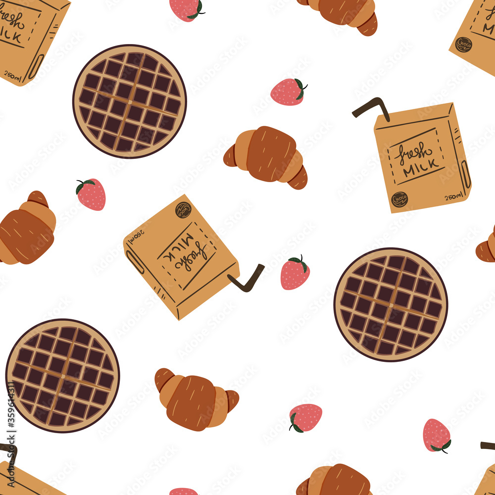 seamless pattern with hand drawn breakfast time with waffle,croissant ...