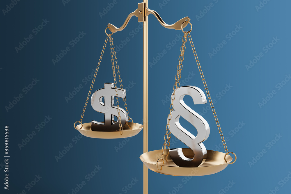 Us Dollar symbol and Law Section Symbol on balance scale against blue ...
