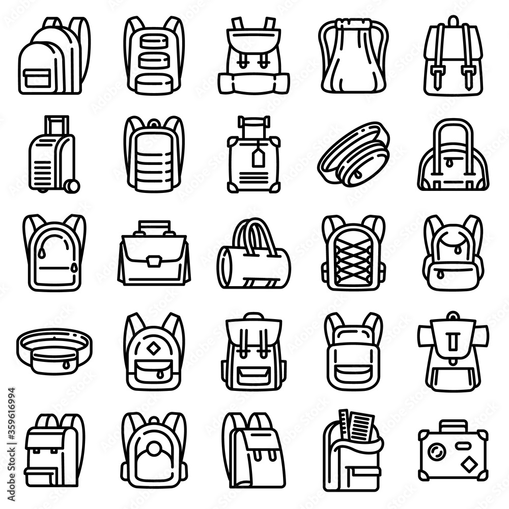 Backpack icons set. Outline set of backpack vector icons for web design ...