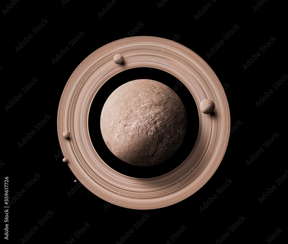 top view saturn planets in deep space with rings and moons surrounded ...