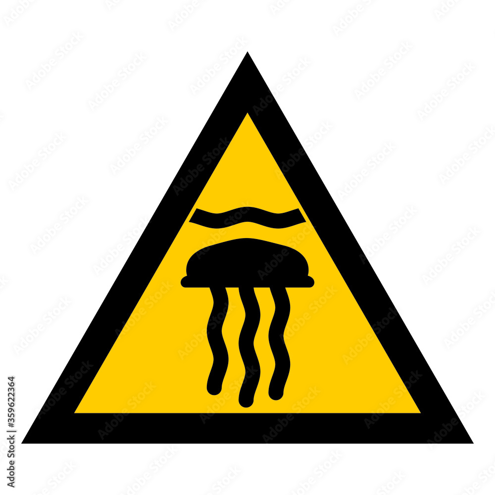 Sign dangerous jellyfish. Yellow triangle marine Stingers. Warning ...