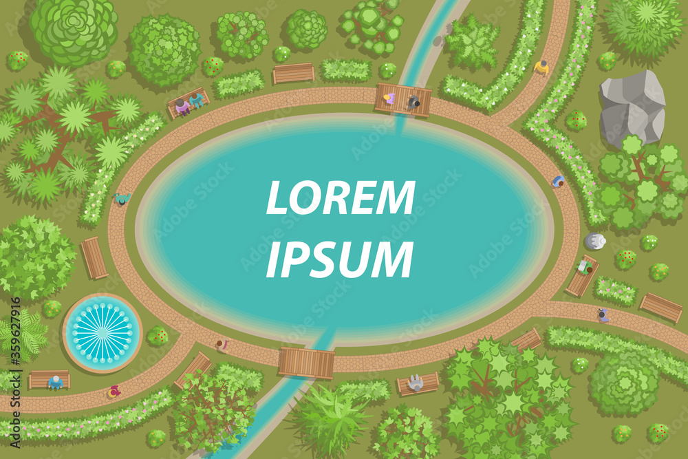 Vector illustration. Park with a large lake. (Top view) Paths, trees ...